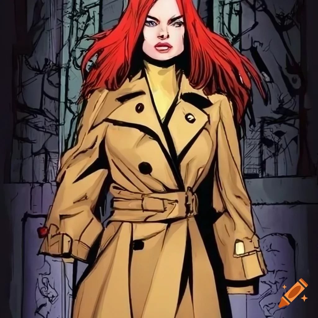 Woman in a trench coat in comic book style on Craiyon
