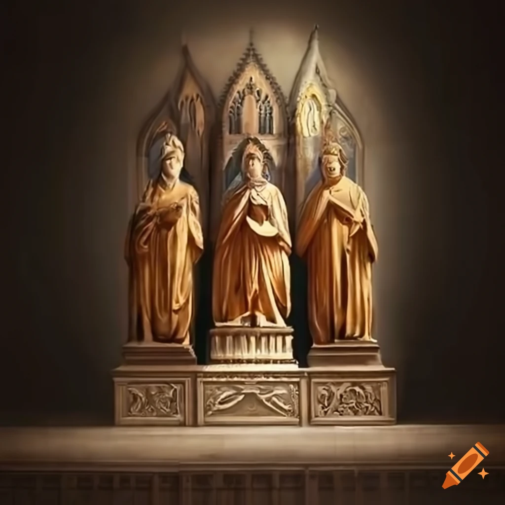 Realistic painting of cathedral statues interacting on Craiyon