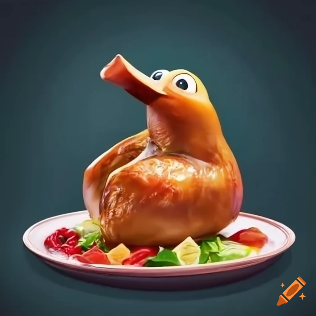 Display of roasted ducks with cartoon character duck in a chinese ...