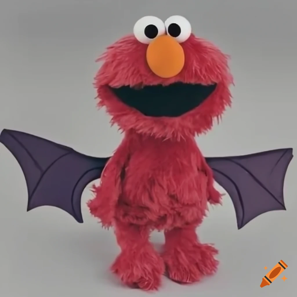Elmo with sharp teeth, bat wings, and red eyes on Craiyon