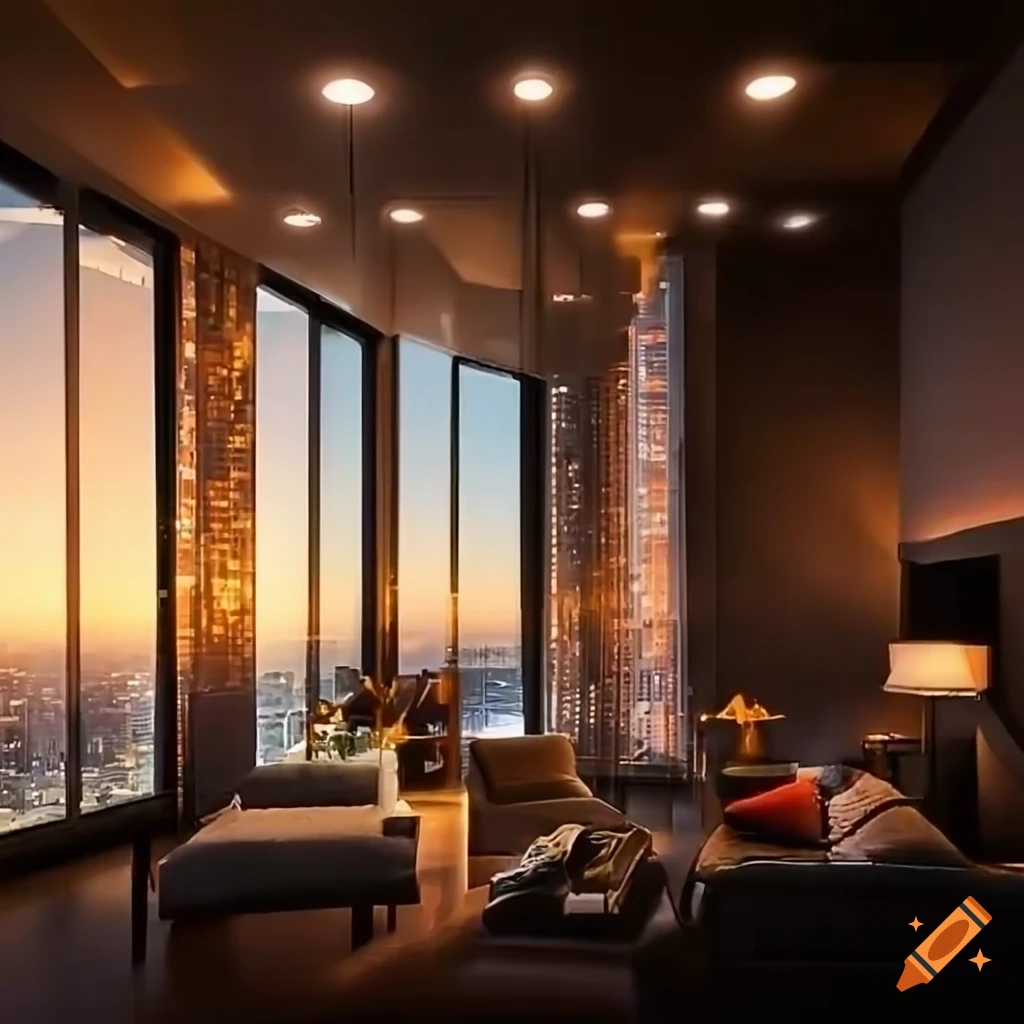 Bright luxury apartment living room with large window overlooking city ...