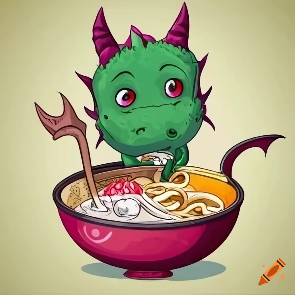 Cute horned dragon eating ramen noodles on Craiyon