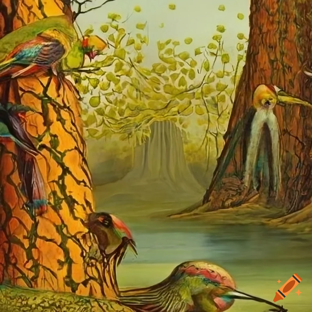 Dandelion trees with snakeskin bark, ivy vines, colorful exotic birds and flowers in a unique ...