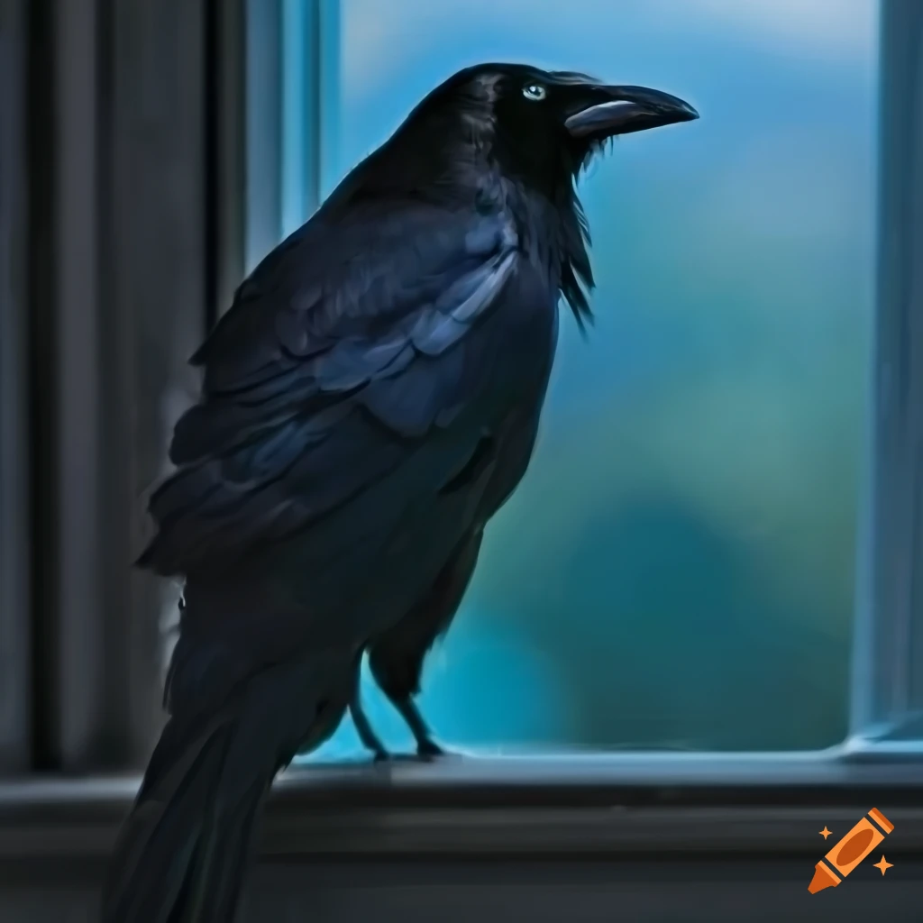Mystical raven perched on a windowsill gazing outside on Craiyon
