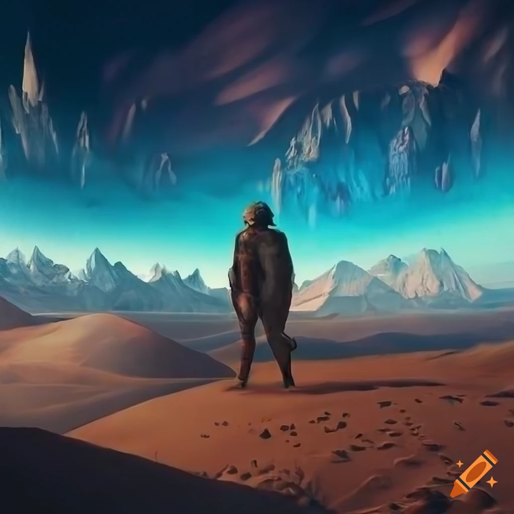 Small explorer with a treasure map in a crystal desert landscape on Craiyon