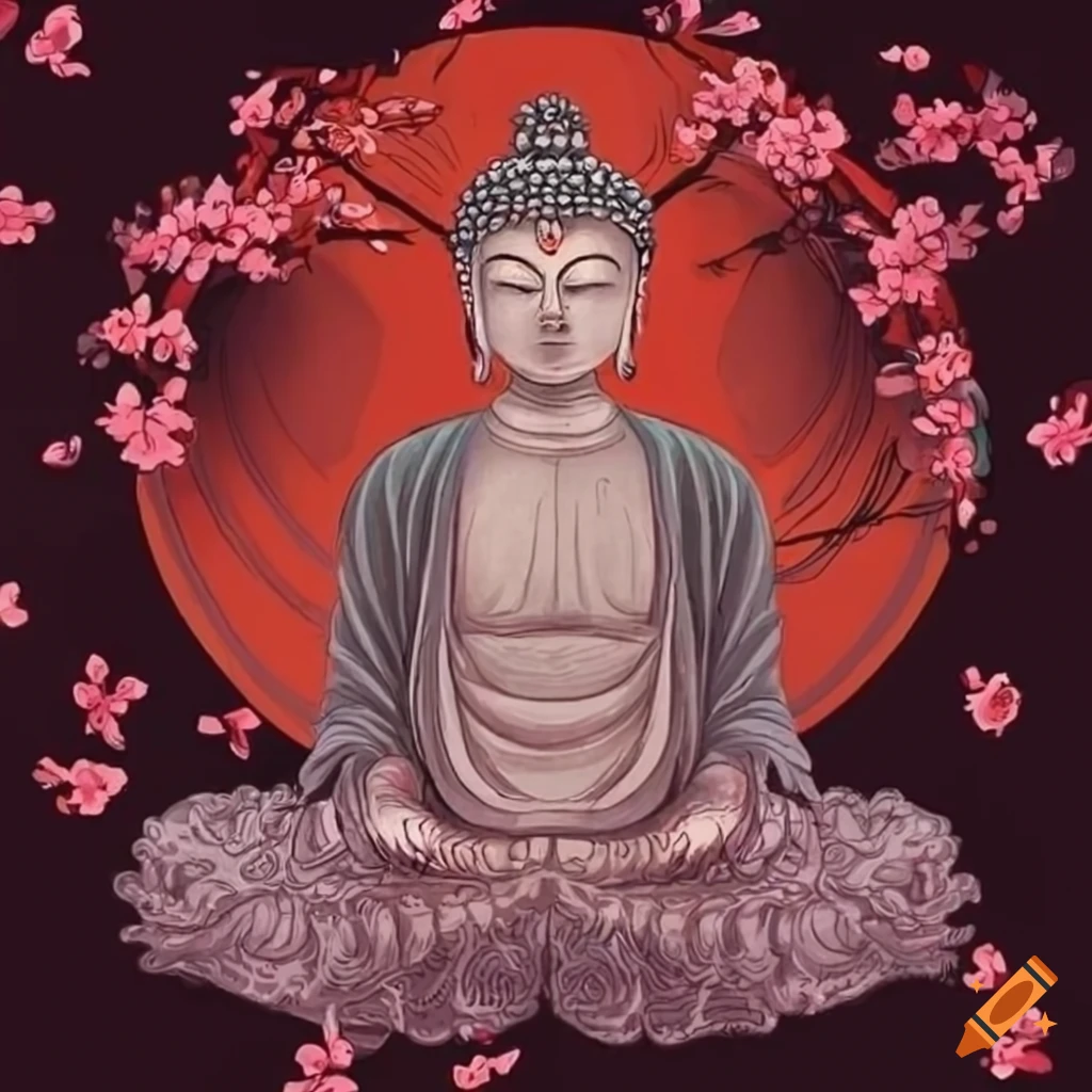 Buddha meditating under a cherry blossom bonsai with a japanese demon ...