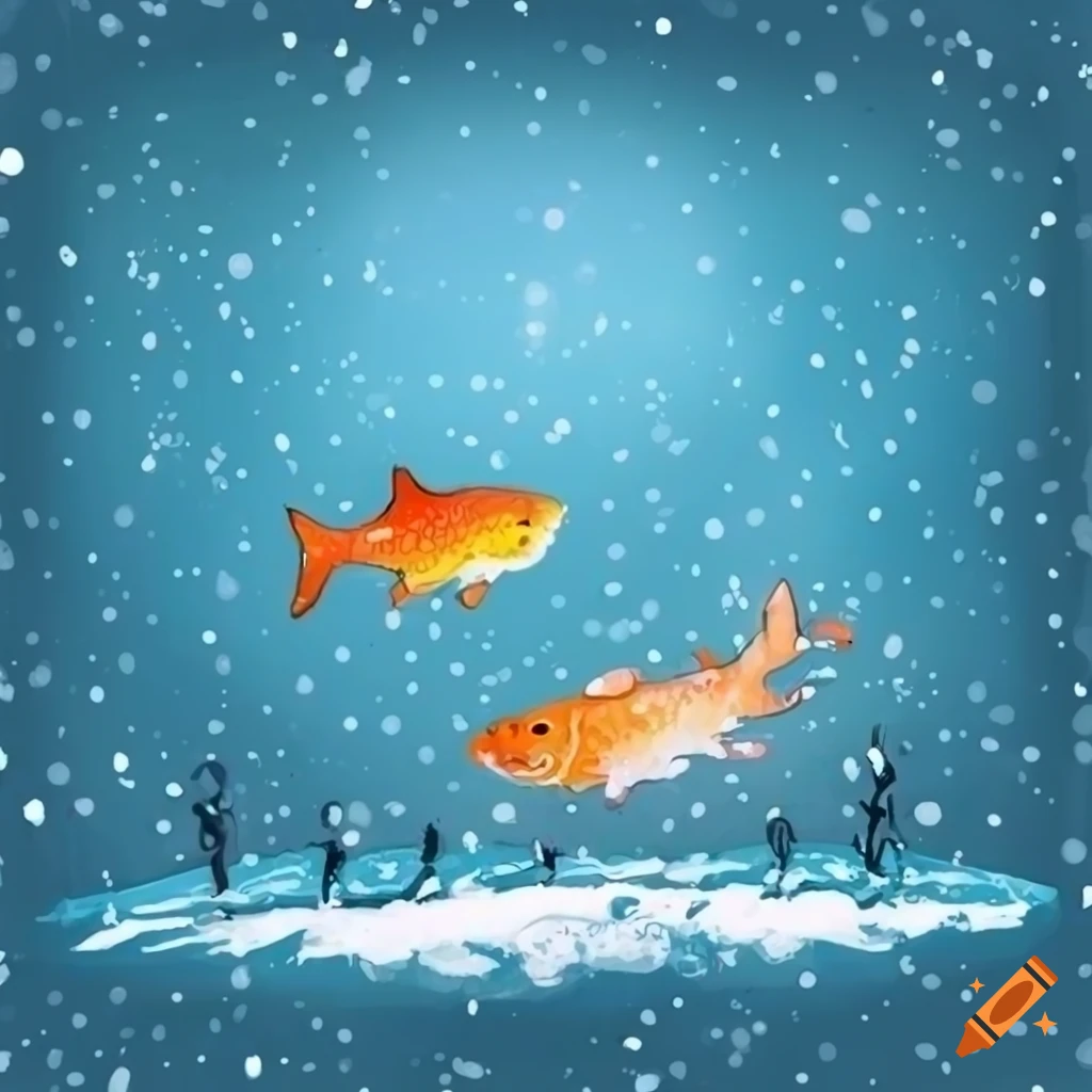 Fish jumping out of a lake in a snowfall in children's book art style ...