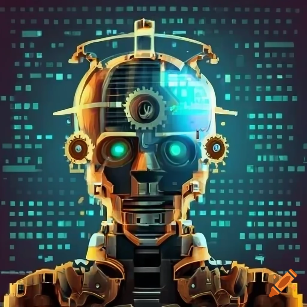 Steampunk style cyber security bot with coding background on Craiyon