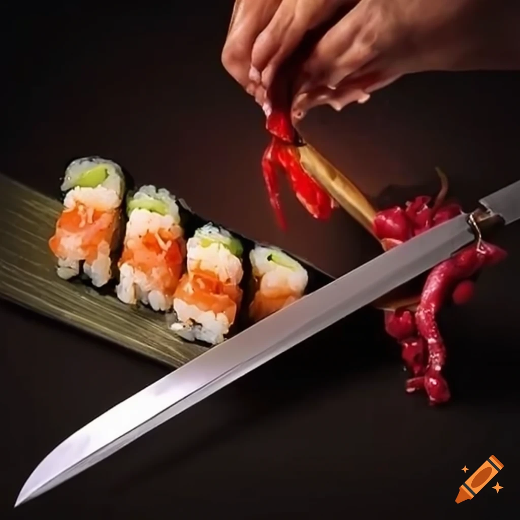 Cook preparing sushi with excalibur sword on Craiyon