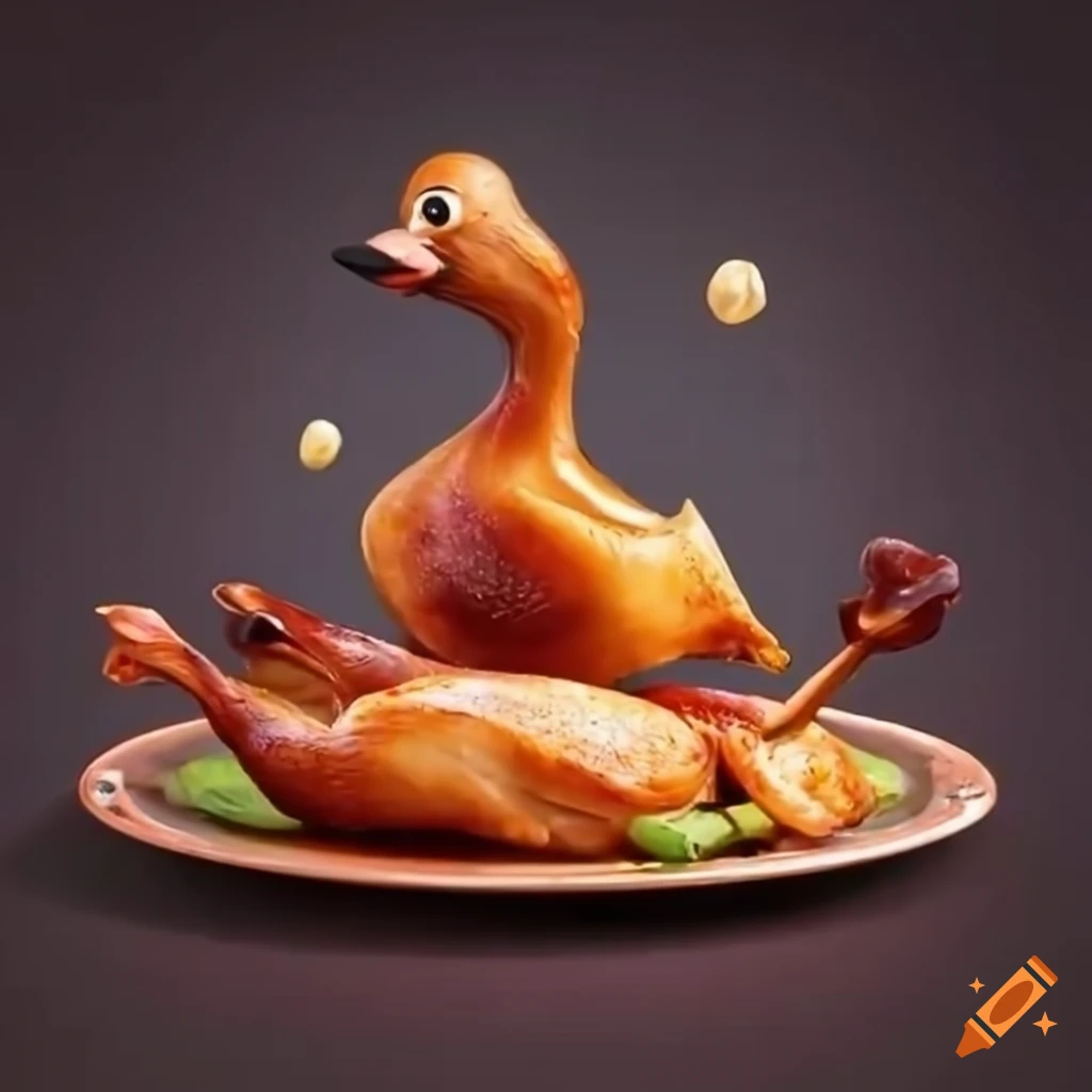 Display of roasted ducks with cartoon character duck in a Chinese ...