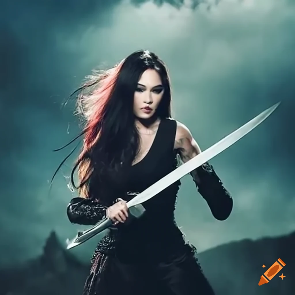 Avril Lavigne and Megan Fox blending as warrior with a sword in fantasy ...