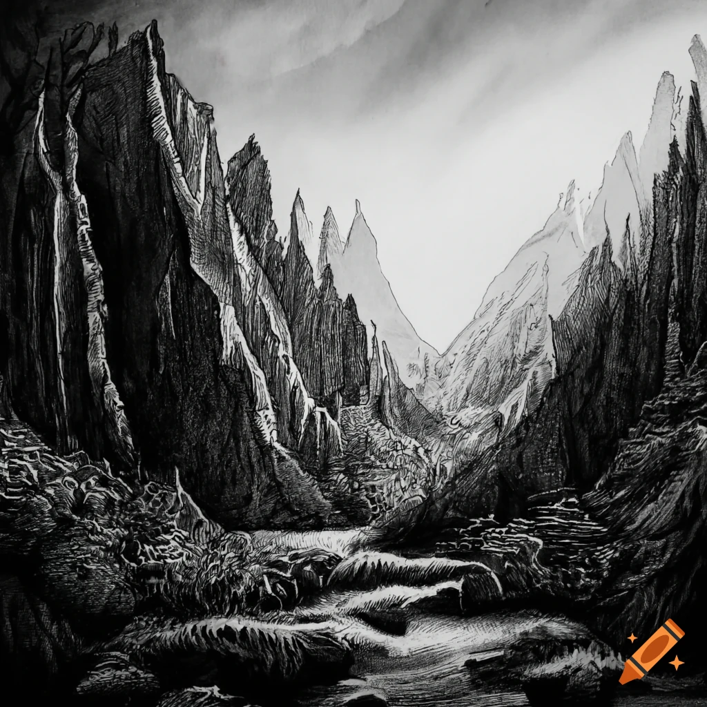 Black and white ink drawing of a cursed mountain valley on Craiyon