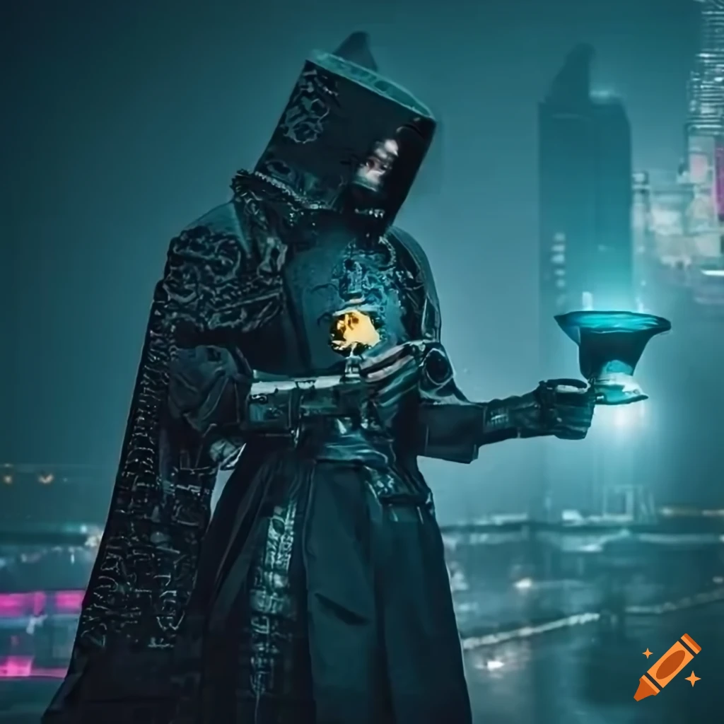 Cyberpunk Knight hacker with the Holy Grail being chased by Death in a ...