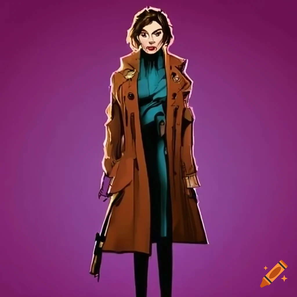 Woman in a trench coat in a comic book style on Craiyon