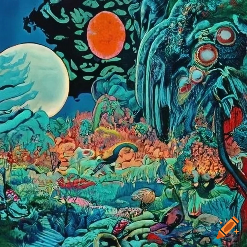 William Stout serigraph of dusk in The Garden of Eden depicting demons ...