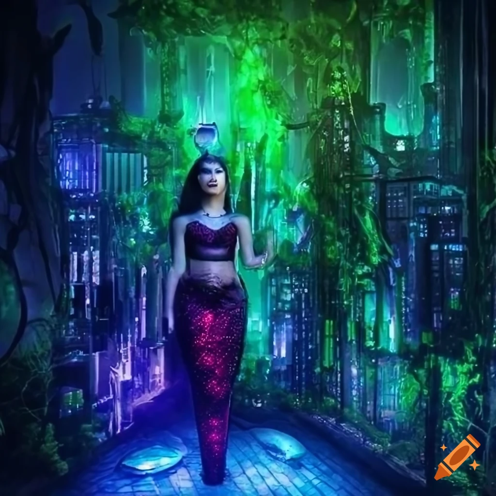 Cityscape with biopunk elements and cyborg mermaid goddesses in a green ...