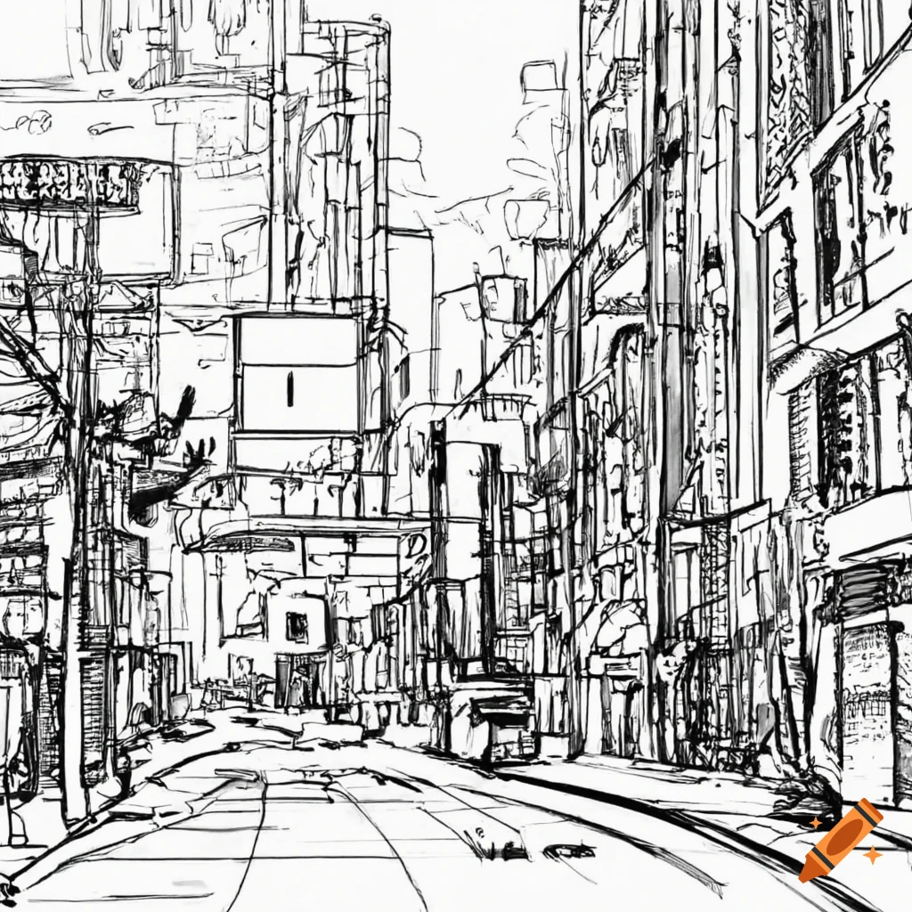 Tokyo city street in black and white line drawing on Craiyon