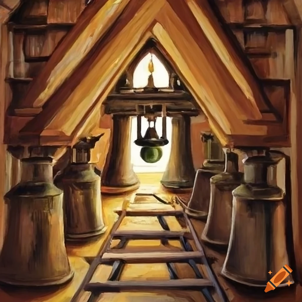 Bell tower interior with stacks of bells between wood beams on Craiyon