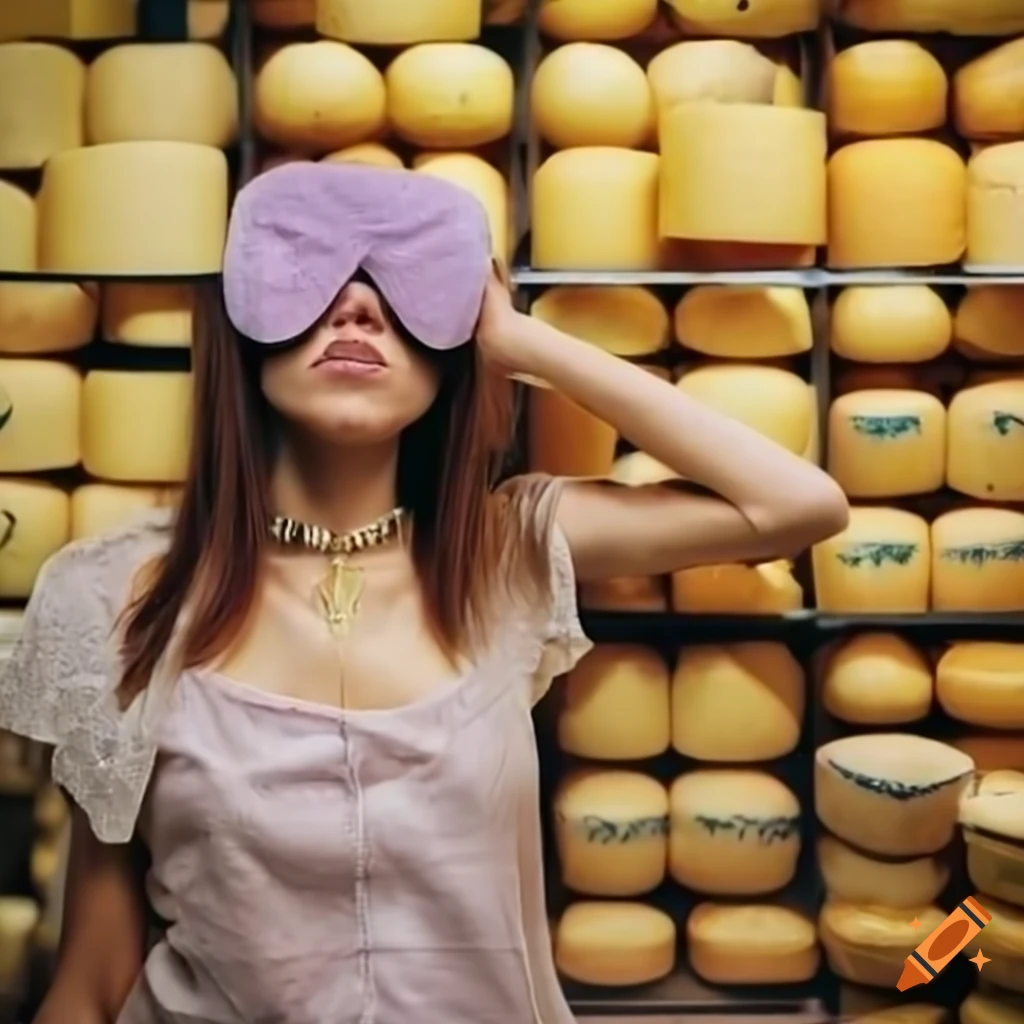 Woman wearing a sleep mask in a cheese shop on Craiyon