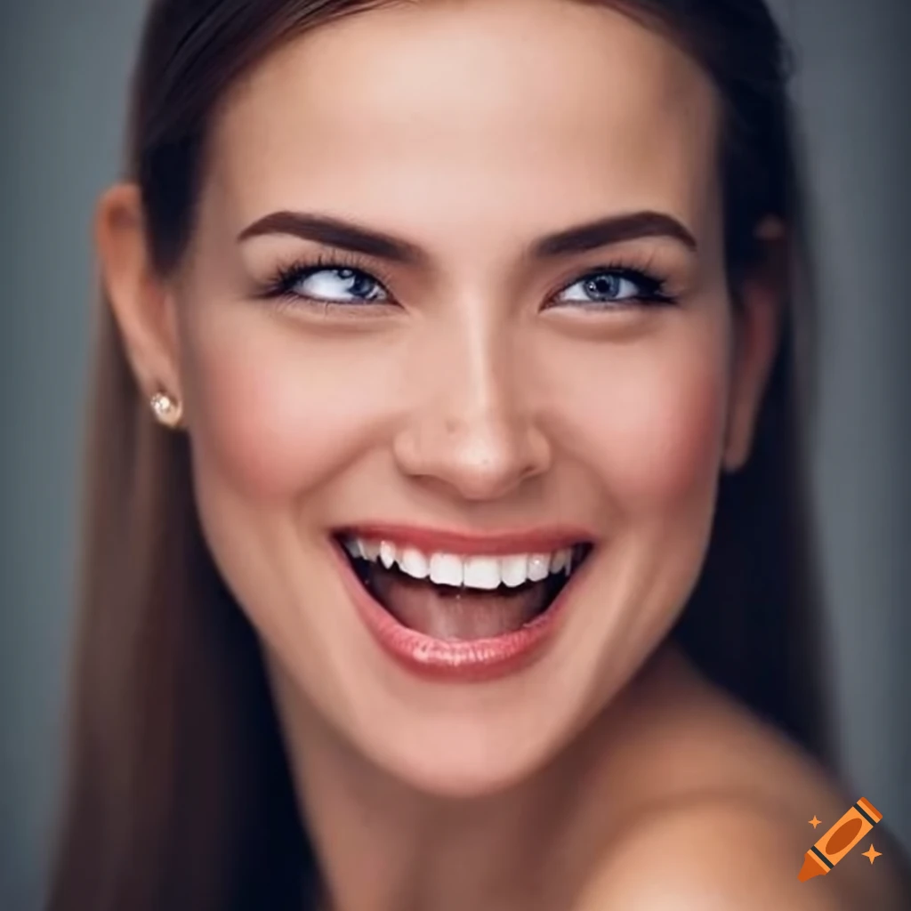 Beautiful female person with an exaggerated smiling expression on Craiyon