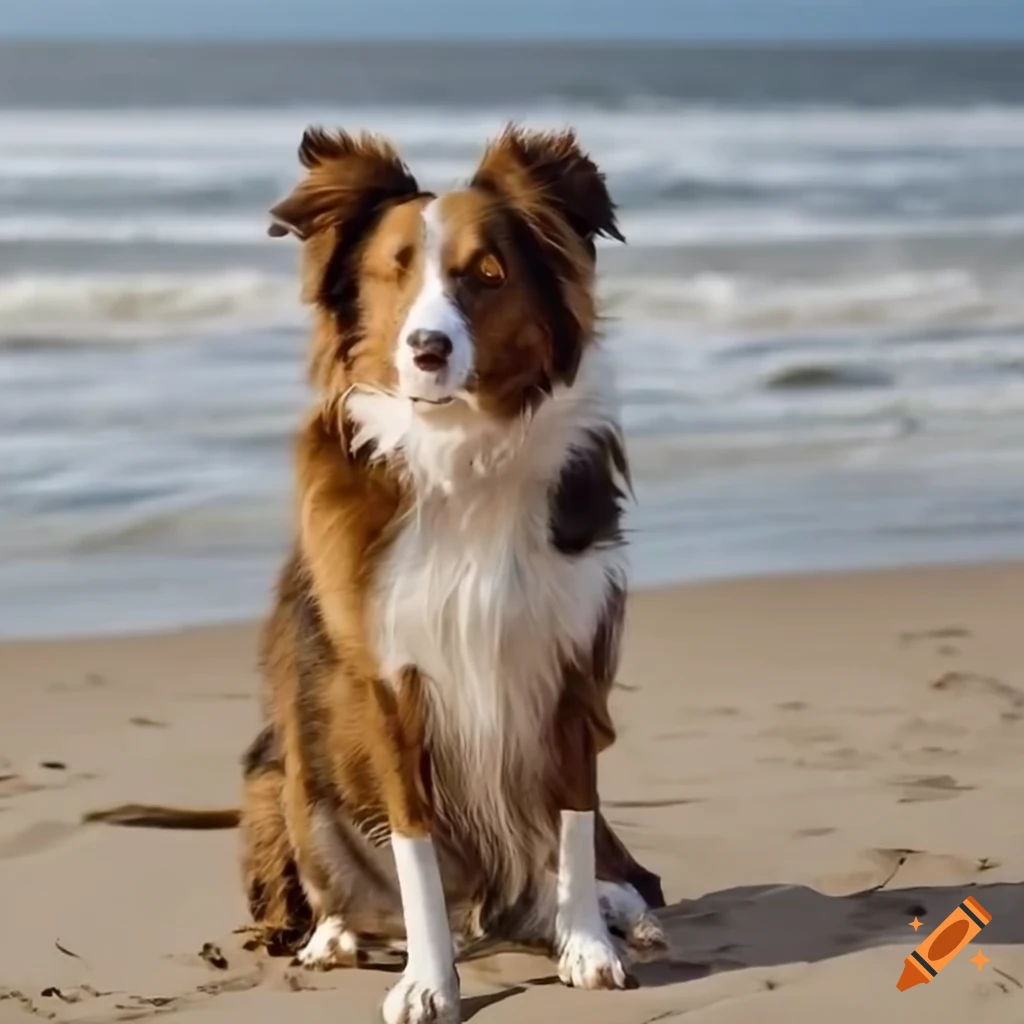 Border collie sitting on sandy beach during sunset with waves on Craiyon