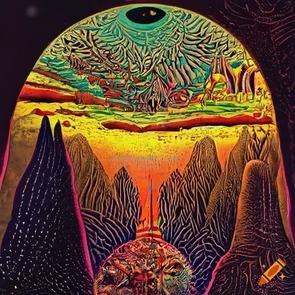 Acid mountain landscape with hawks in a surrealistic science fiction ...