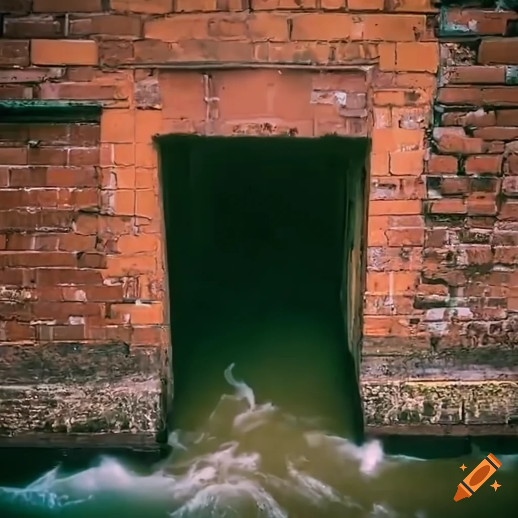 Close-up of flooded crumbling brick doorway with sinking buildings in ...