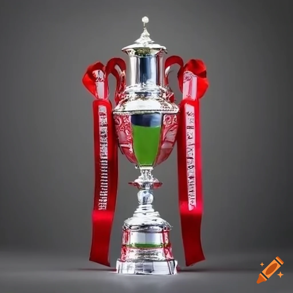 Shiny trophy with red ribbons like the english fa cup on Craiyon