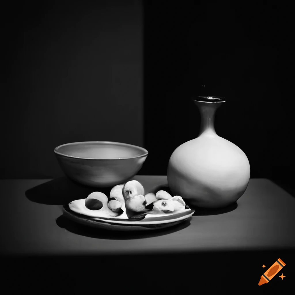 Metaphysical black and white still life painting with ceramics on Craiyon