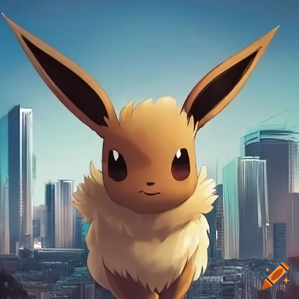 Giant eevee towering over a cityscape on Craiyon