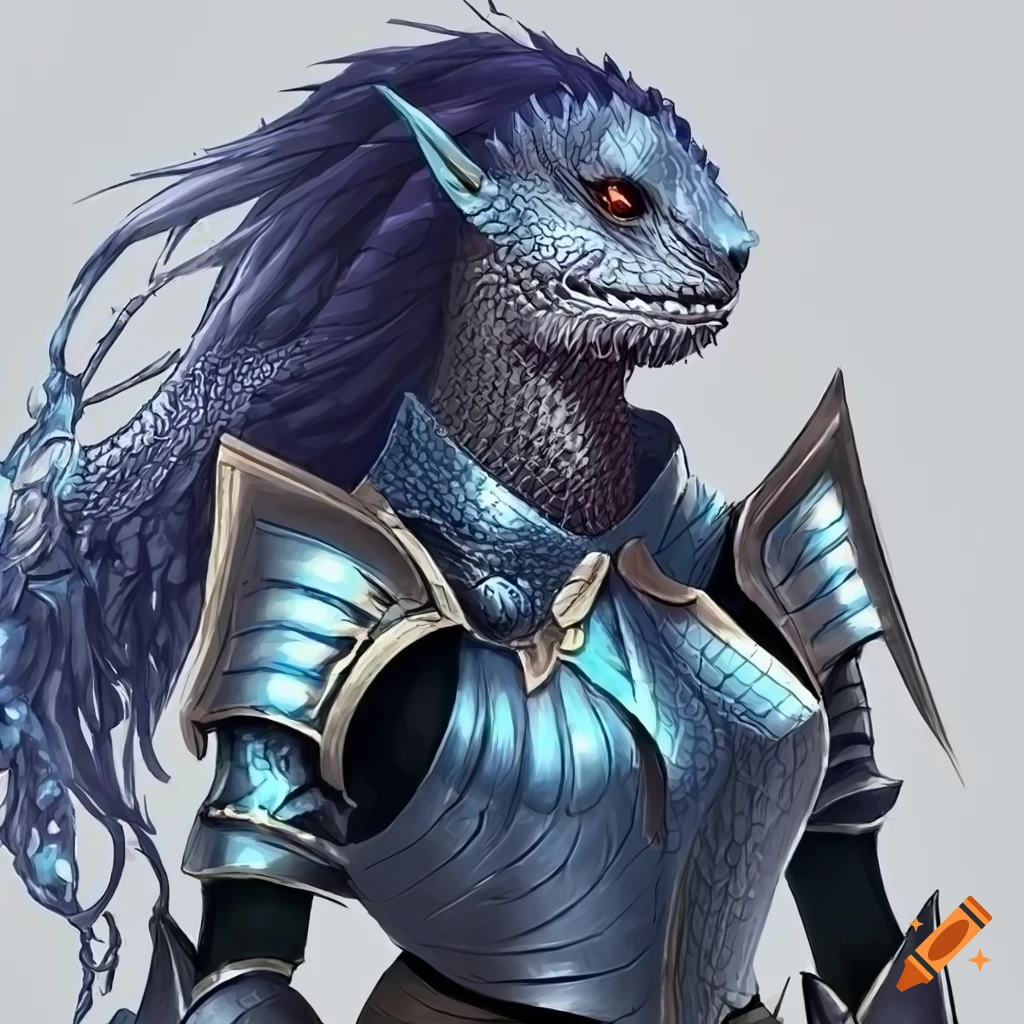 Blue-scaled female reptile dragonborn knight in traditional armor ...