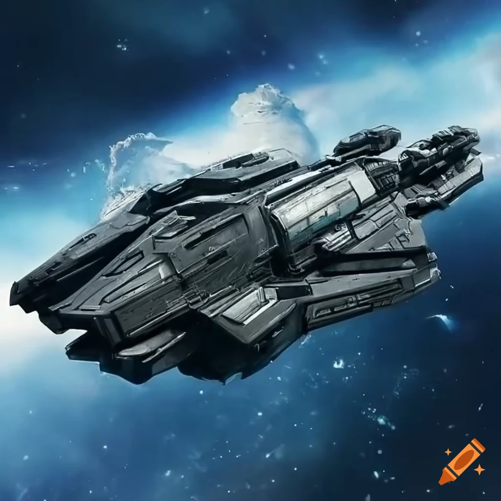 Spaceship in symmetrical 3/4 view with guns, inspired by Halo, Starship ...
