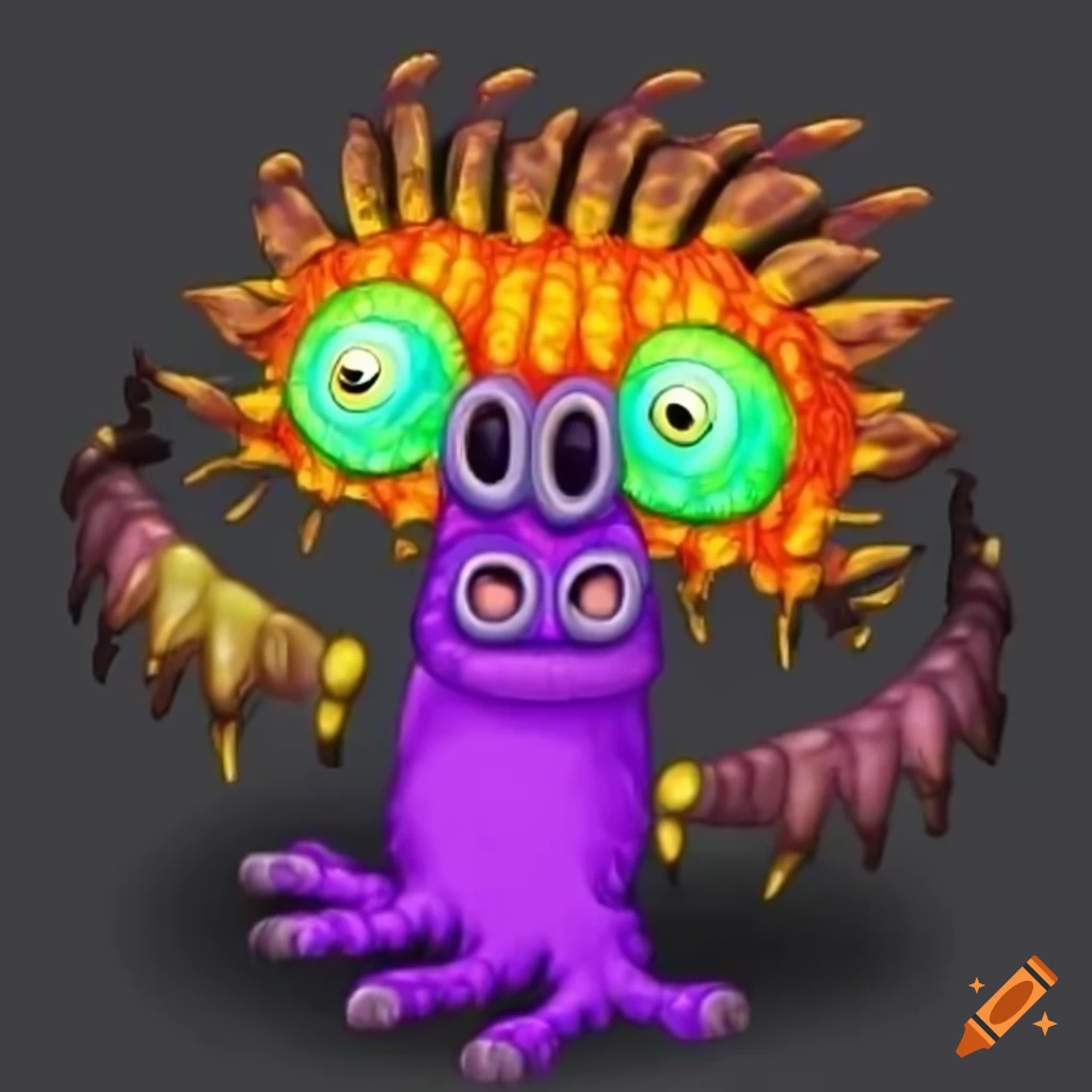 Monster with spikes, yellow, orange, purple, and black colors, three arms, four eyes in My ...