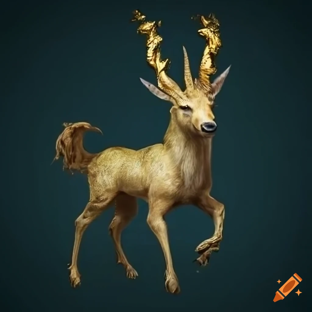 Mythical cervid with a golden unicorn horn and mossy pelt in high ...