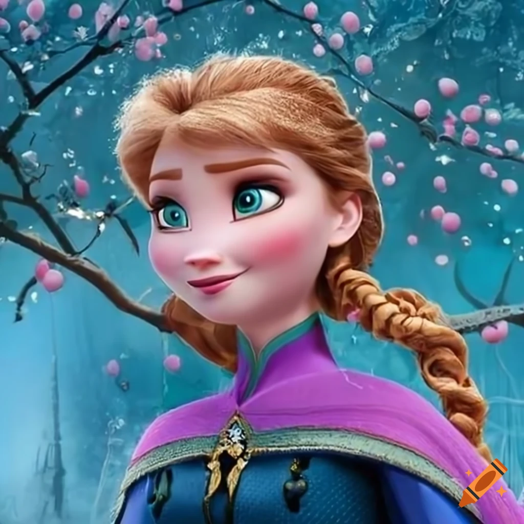 Anna from Frozen near a beautiful fruit tree on Craiyon