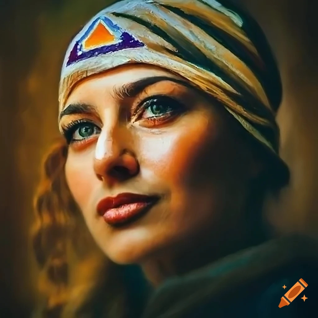 Portrait of a Jewish woman with long grey hair, turban, and cinematic ...