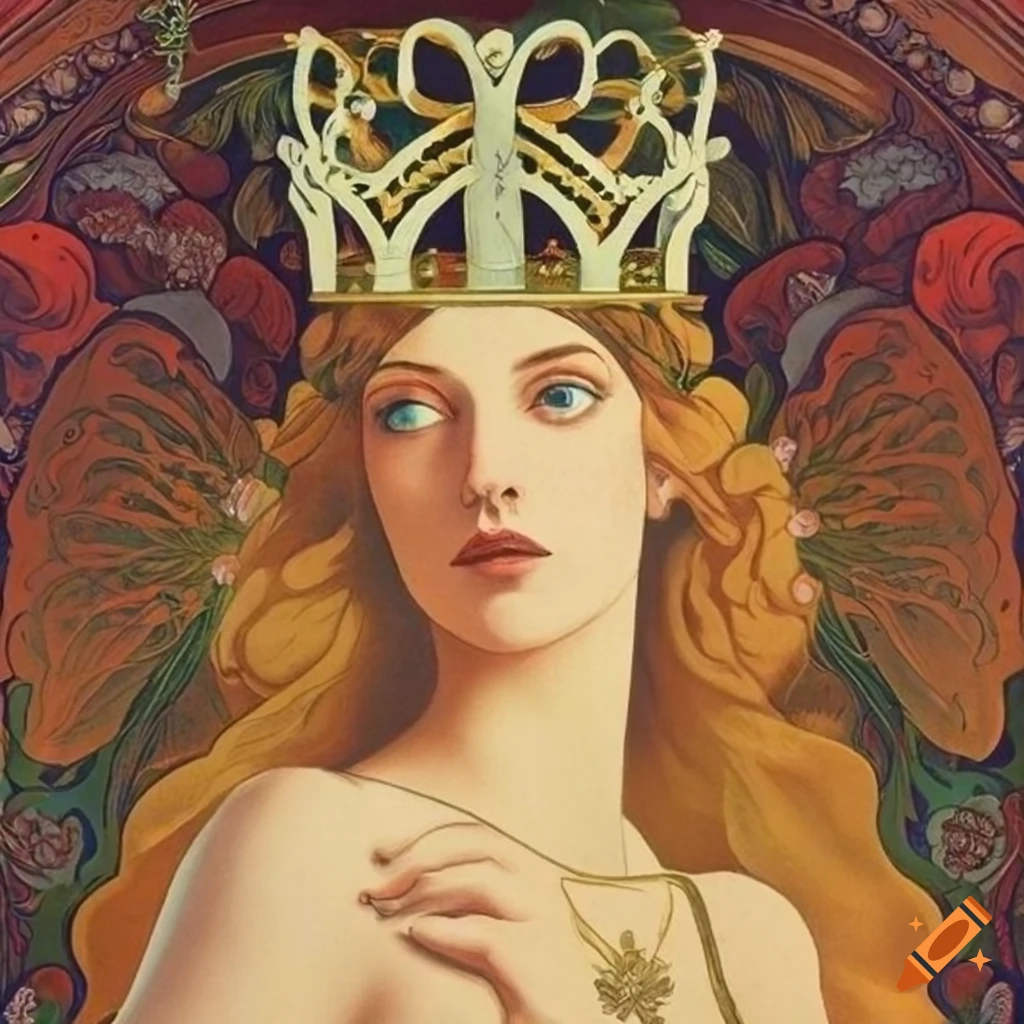 1970's art nouveau poster of a fae queen with a flower crown on Craiyon