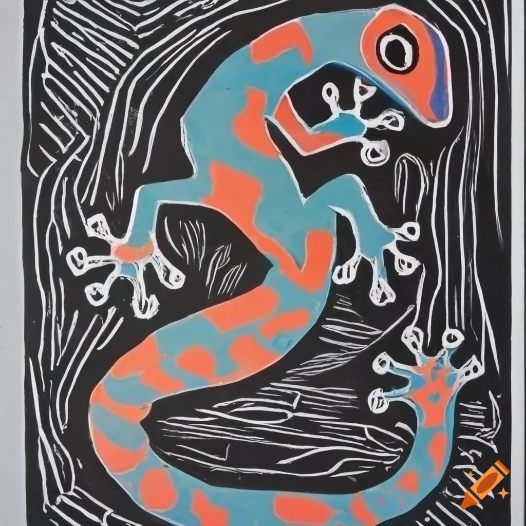 Colorful gecko lino print composition on Craiyon