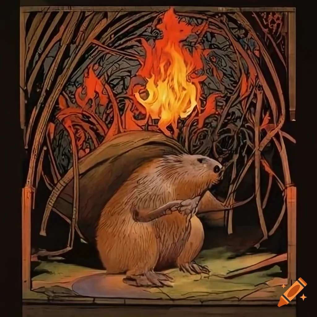 Fire-breathing beaver made of flames burning a tree in surreal sci-fi ...