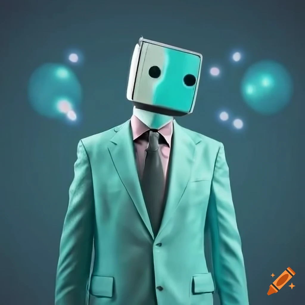 Intriguing man in Tiffany blue suit with TV head surrounded by atomic ...