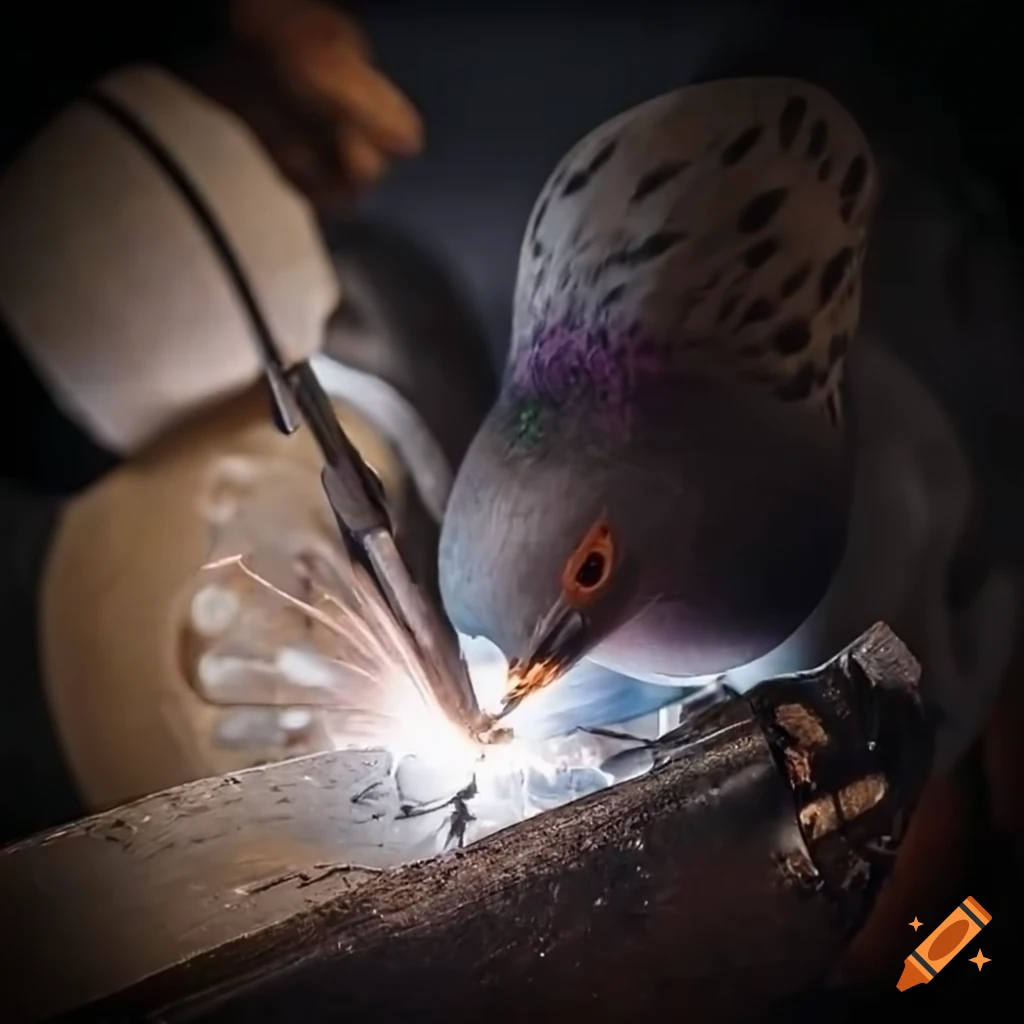 Pigeon at metalwork bench with welder focusing on project on Craiyon