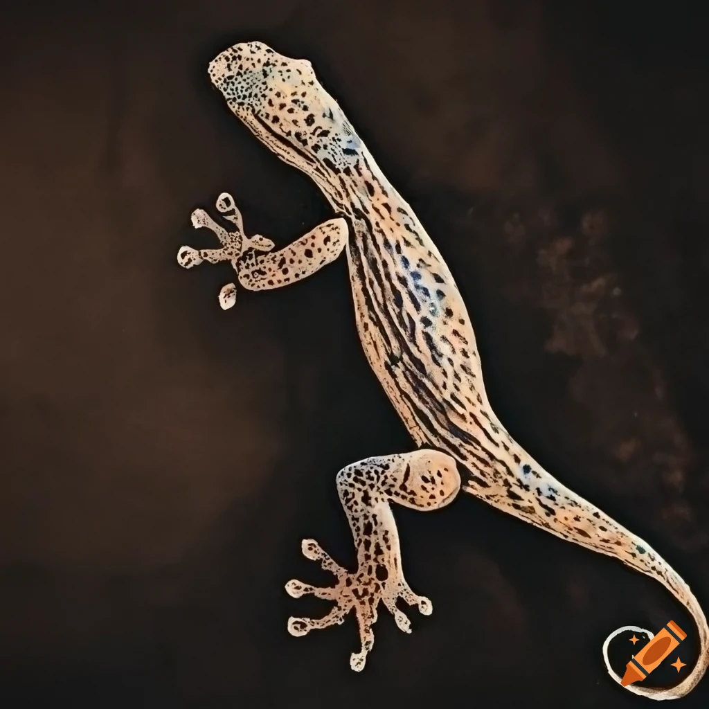 Gecko in lino print style with black, brown, beige, and gray colors on ...