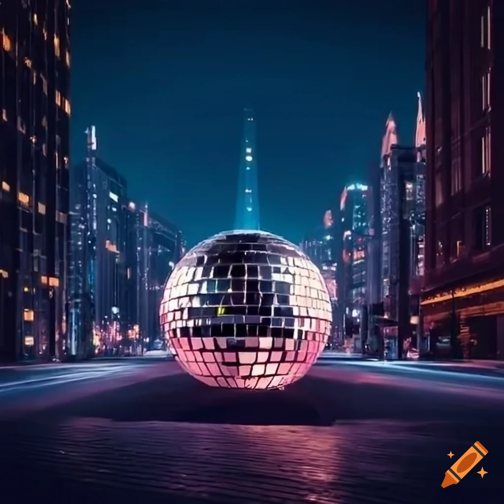 City streetscape at night with a shimmering mirror ball on Craiyon