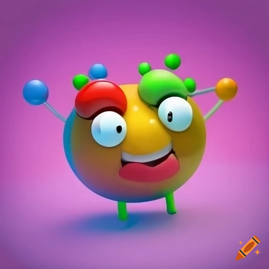 Cartoon molecule with a funny expression in vibrant colors on Craiyon