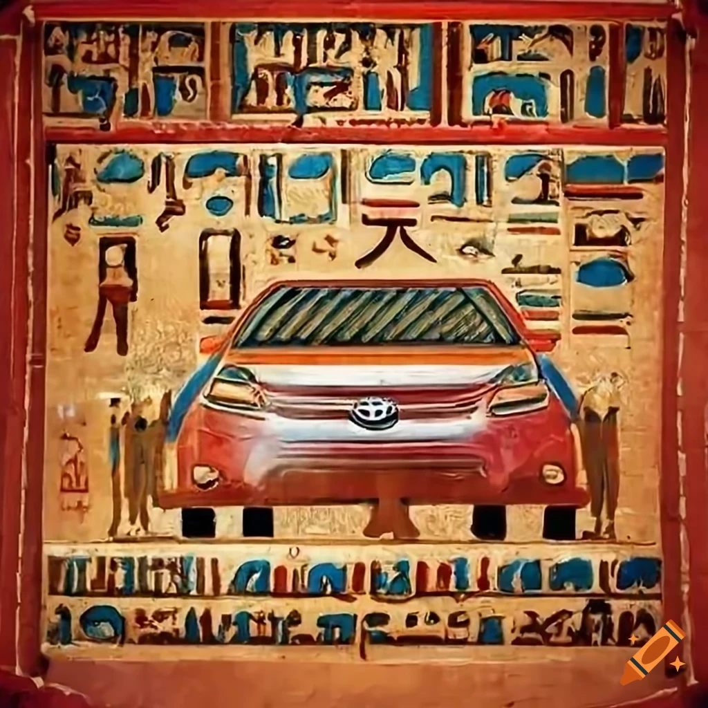 Toyota corolla integrated into an egyptian fresco with hieroglyphs on ...