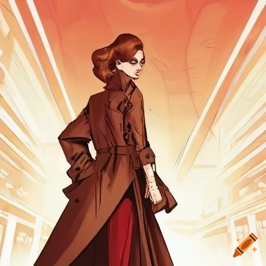 Woman in a comic book style trench coat on Craiyon