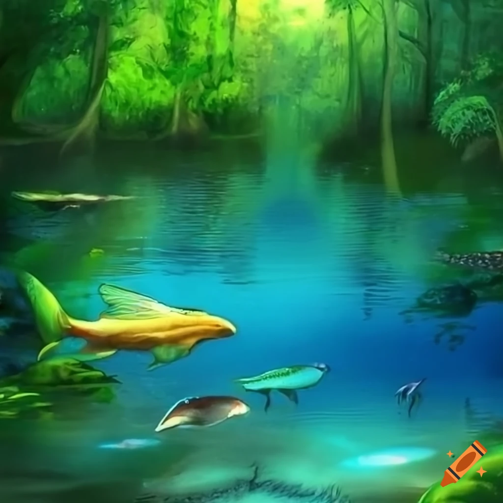 Lush green forest with a serene pond and three joyfully swimming fishes ...