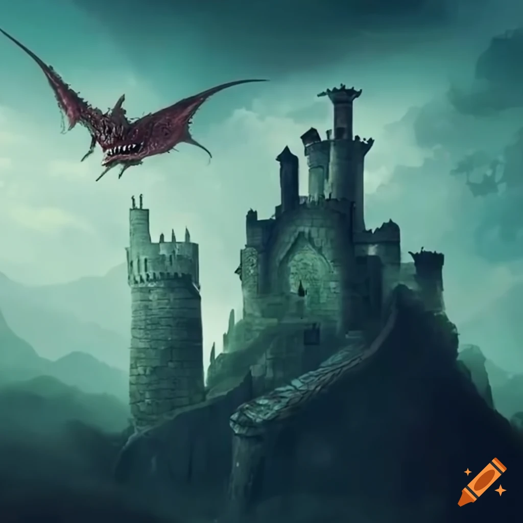Dragons flying over a medieval castle ruins on Craiyon
