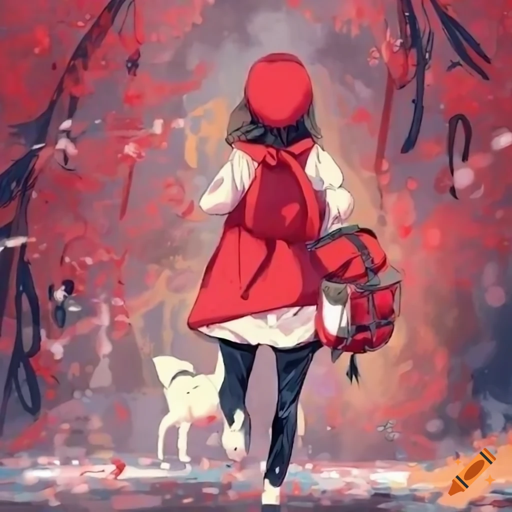 Manga style scene of a girl chasing a dog in the rain with a red ...