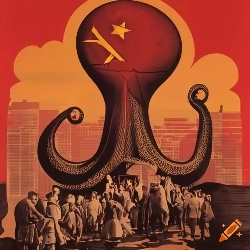 Soviet style propaganda poster of people fighting a giant octopus on ...